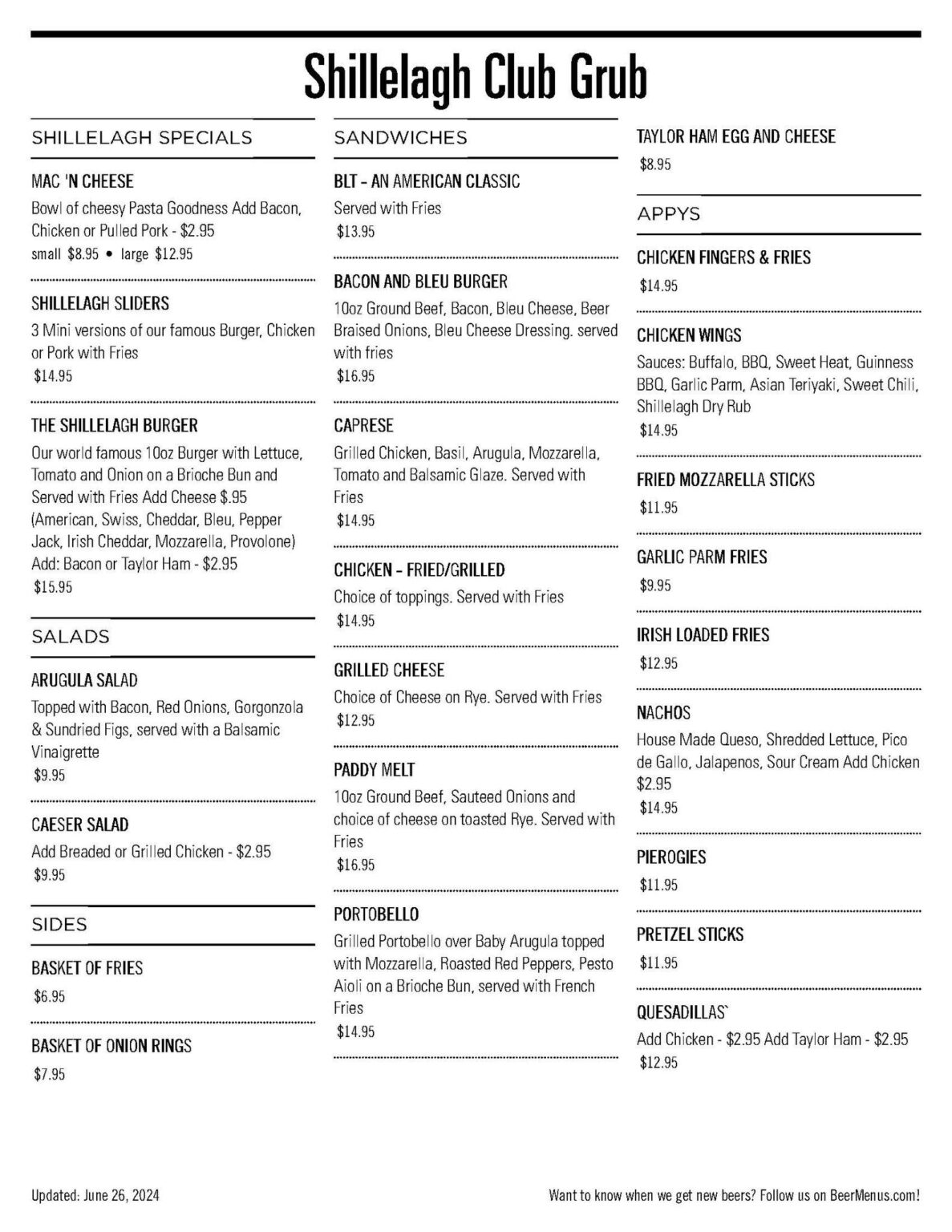 Menus – The Shillelagh Club